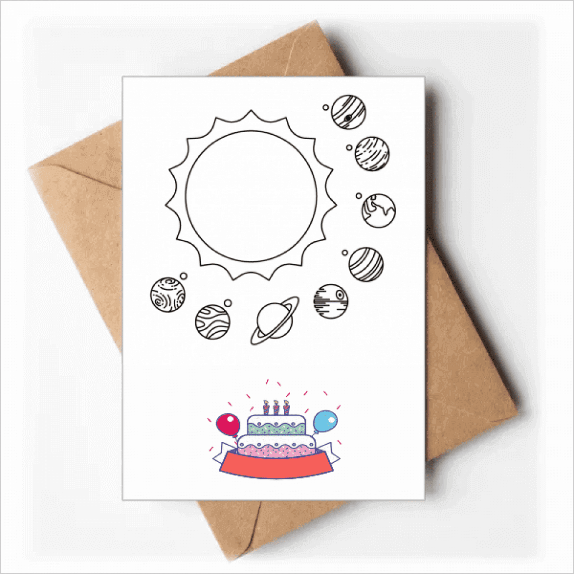 Contorno de la línea planetaria del sistema solar Tarjetas de cumpleaños en sobres en blanco ...