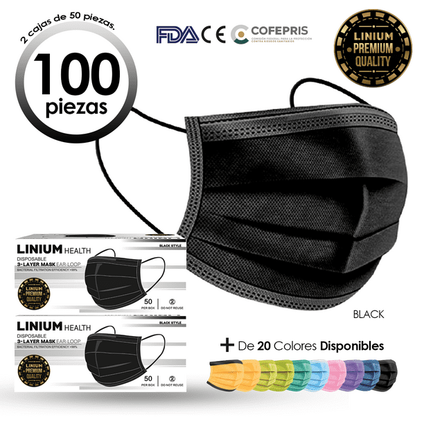 Cubrebocas Tapabocas Tricapa 100 Pzs Negro LINIUM HEALTH negro adulto ...