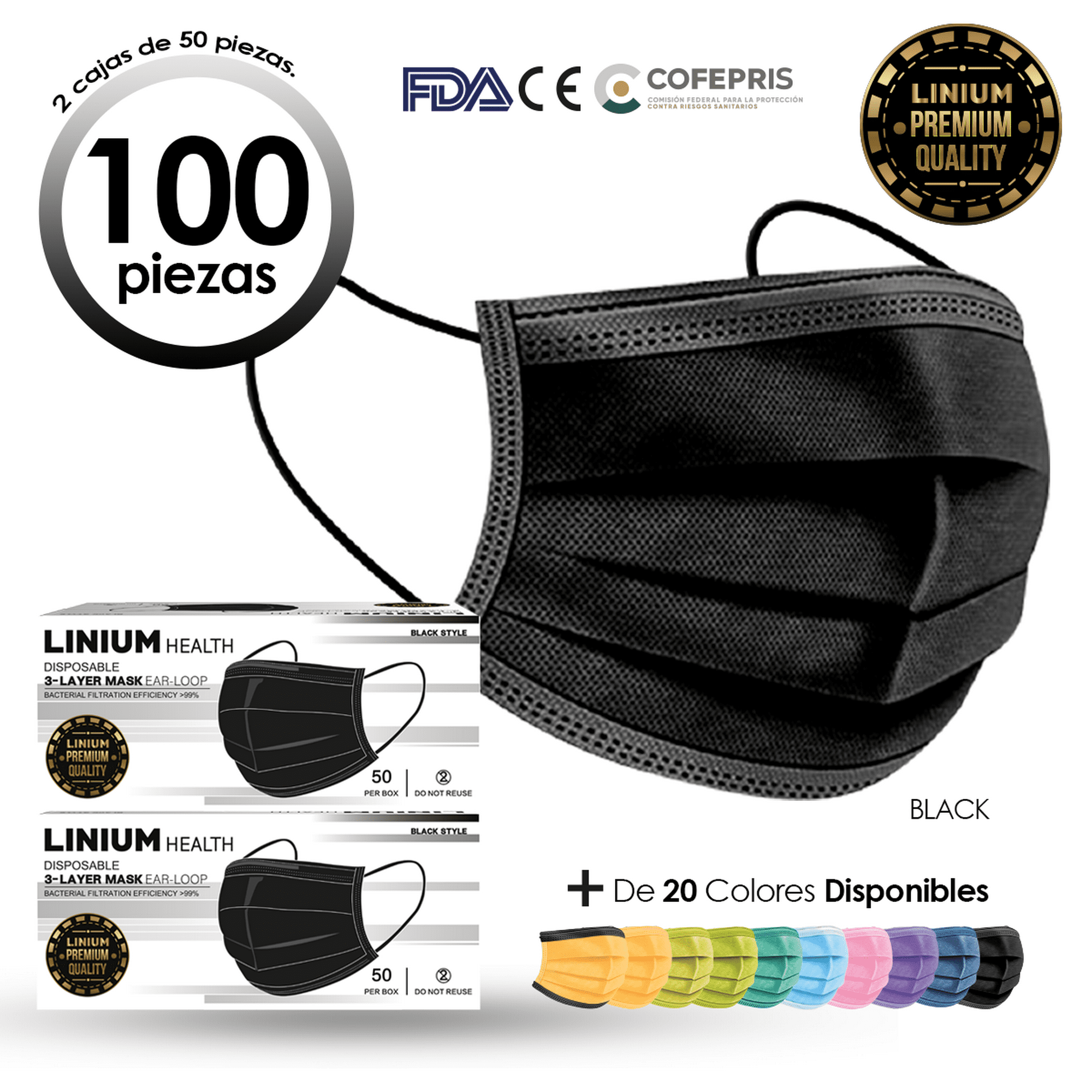 Cubrebocas Tapabocas Tricapa 100 Pzs Negro LINIUM HEALTH negro adulto ...