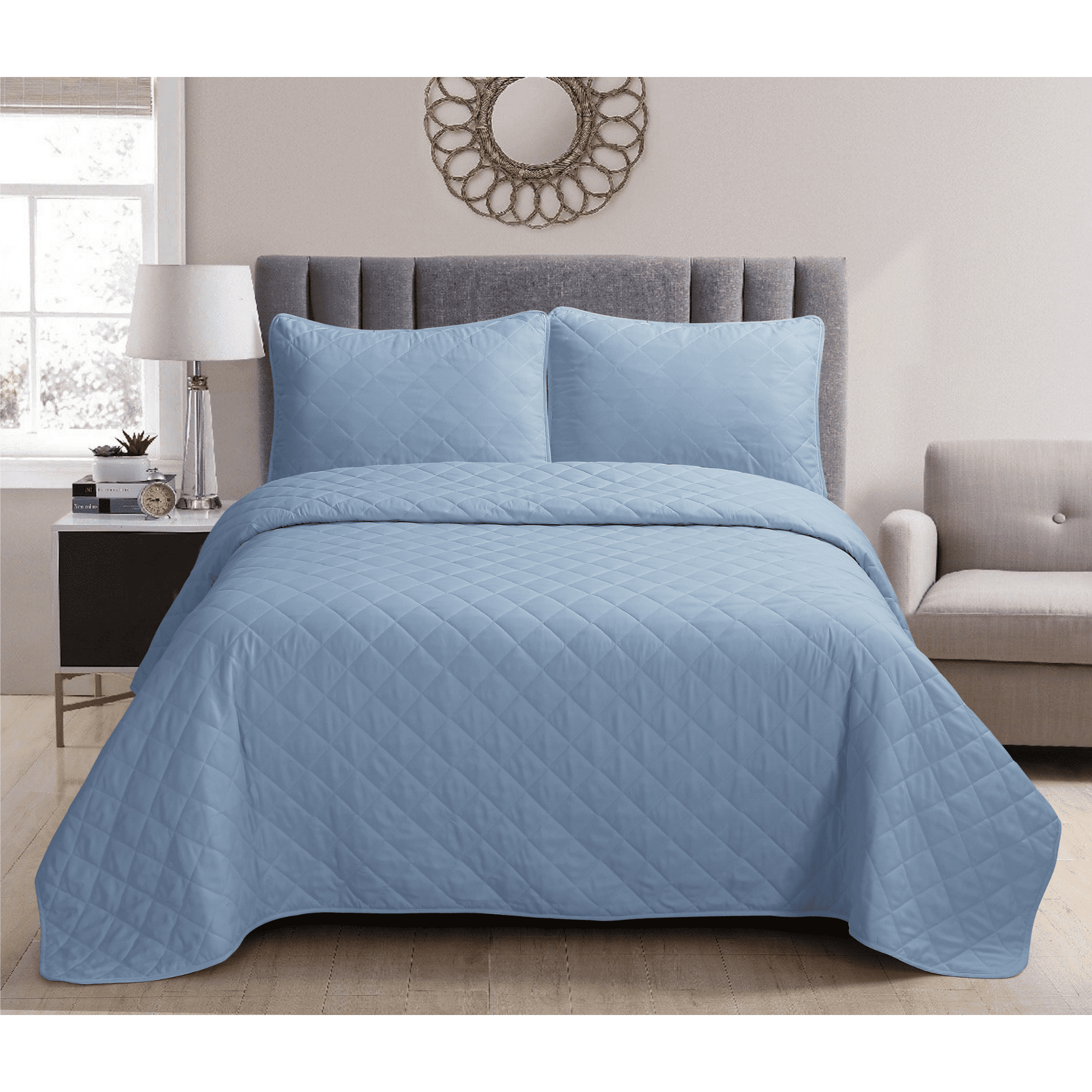 Juego Edredón Ligero Individual Azul Claro Tipo Colcha Diseño Diamante ...