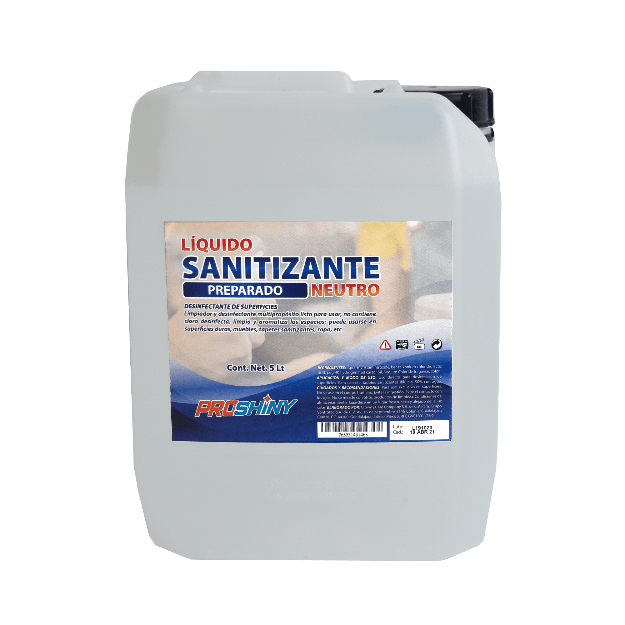 LIQUIDO SANITIZANTE Corporal Superficies Neutro PROSHINY 5LT PROSHINY ...