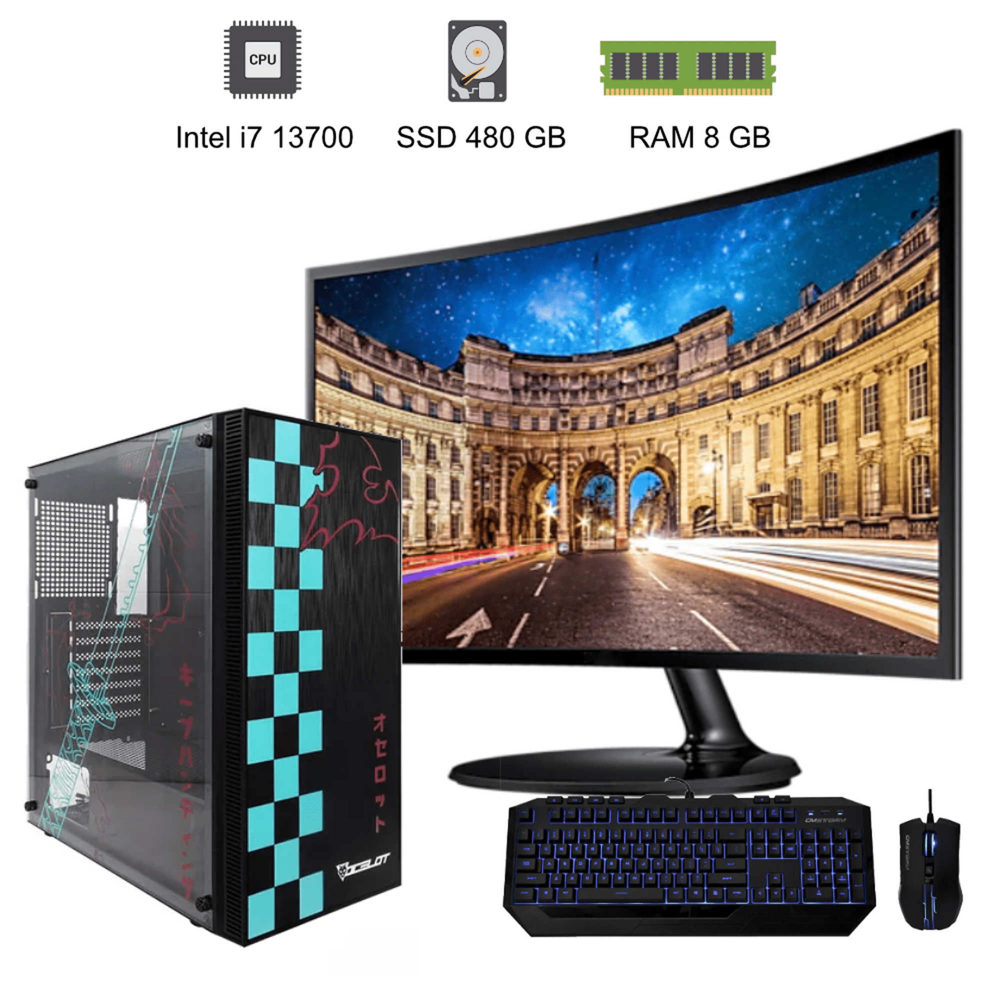 PC Gamer CPU i7 13700 Intel RAM 8GB SSD 480GB 500W80+ Monitor curvo 24 ...