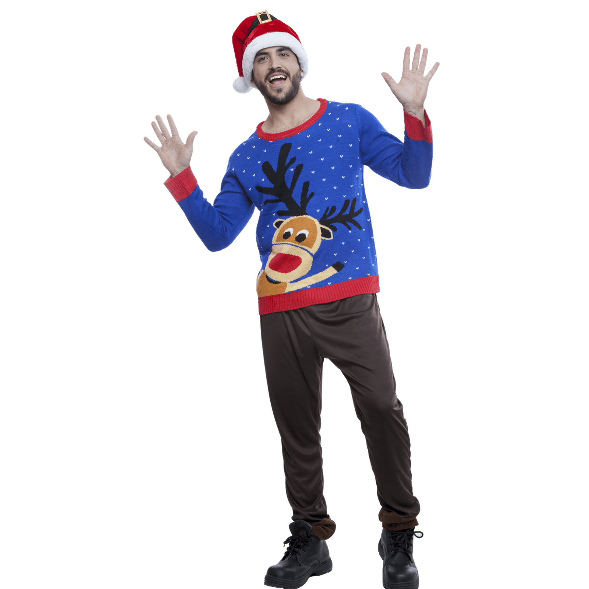 Sueter Ugly Azul Navideño con Reno REV Sueter cuello redondo tejido ...