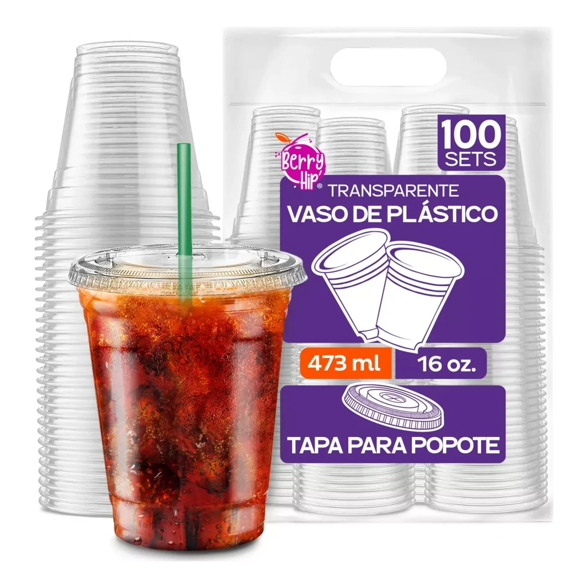 Berry Hip 100 Vasos de Plastico de 16 oz (473 ml) con Tapa Plana ...