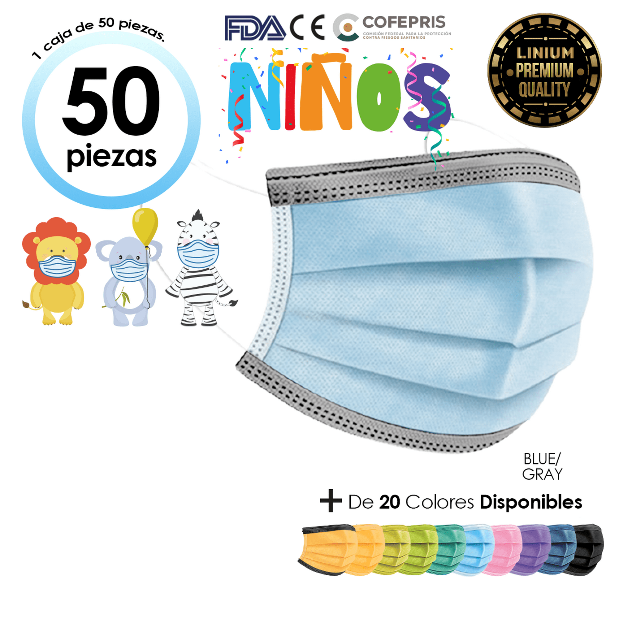 Cubrebocas Tapabocas Tricapa Infantil Niño 50 Pzs Azul Con Gris LINIUM ...