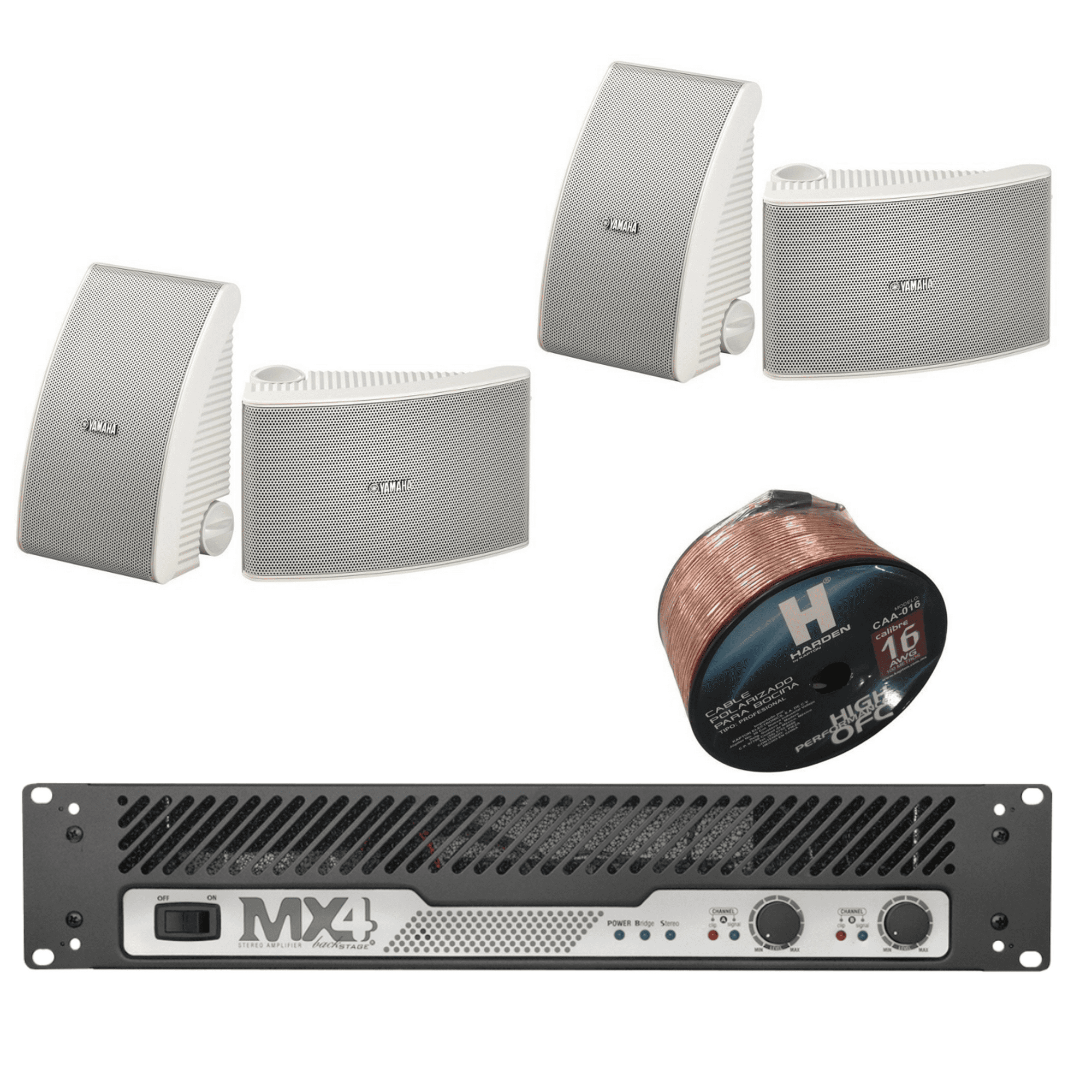 Amplificador Backstage MX4 con 4 Bocinas NSAW392WH y cable de instalación de 100 mts Yamaha MX4 ...