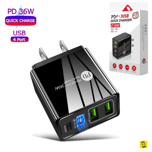 Cargador generico de carga rapida de 36W, 4 puertos de entrada USB y USB-C Smartech QC3.0+PD ...