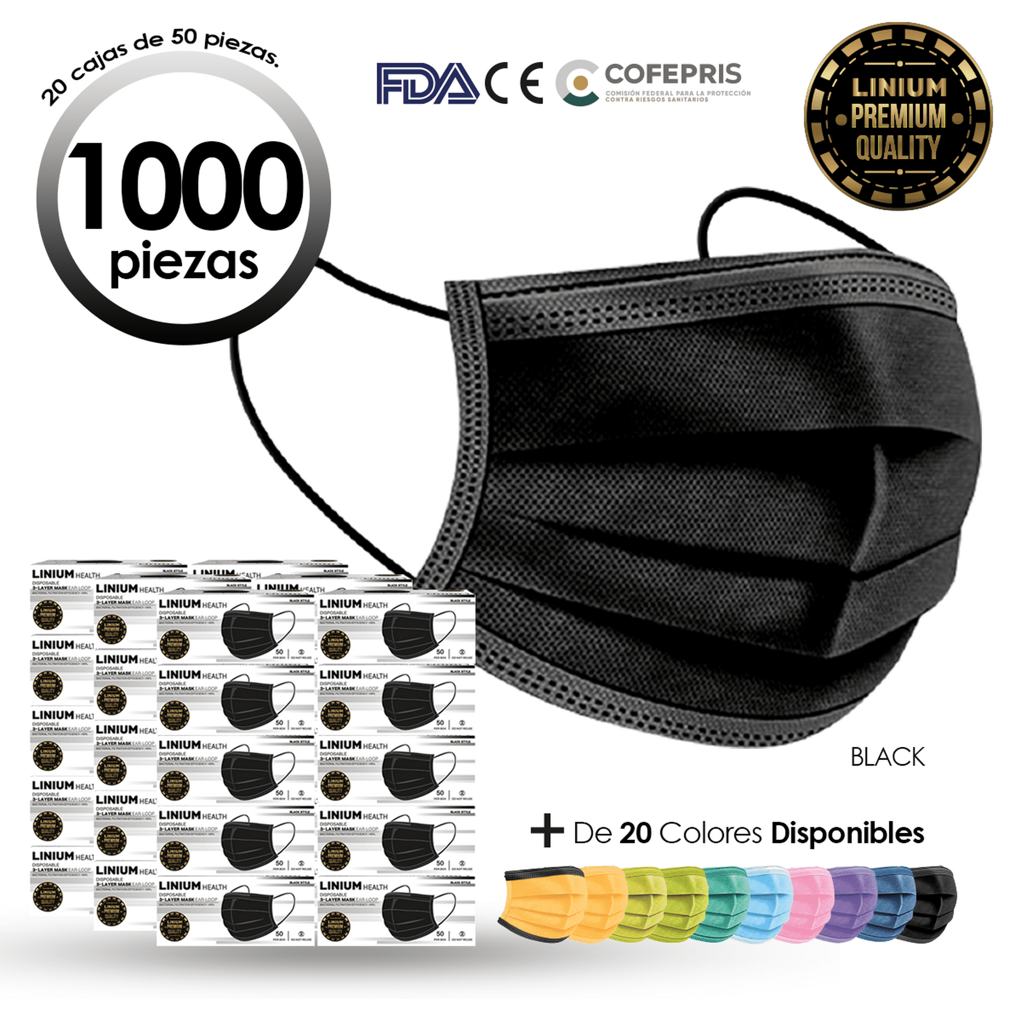 Cubrebocas Tapabocas Tricapa Negro adulto 1000 Pzs LINIUM HEALTH negro ...