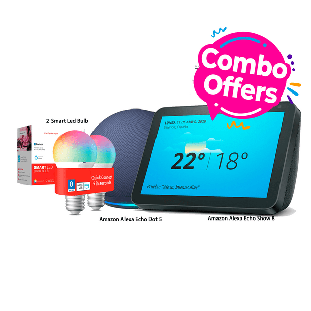 Combo Alexas Echo Dot 5ta Gen (Azul) y Echo Show 8 Pulgadas (Negro) + 2 ...