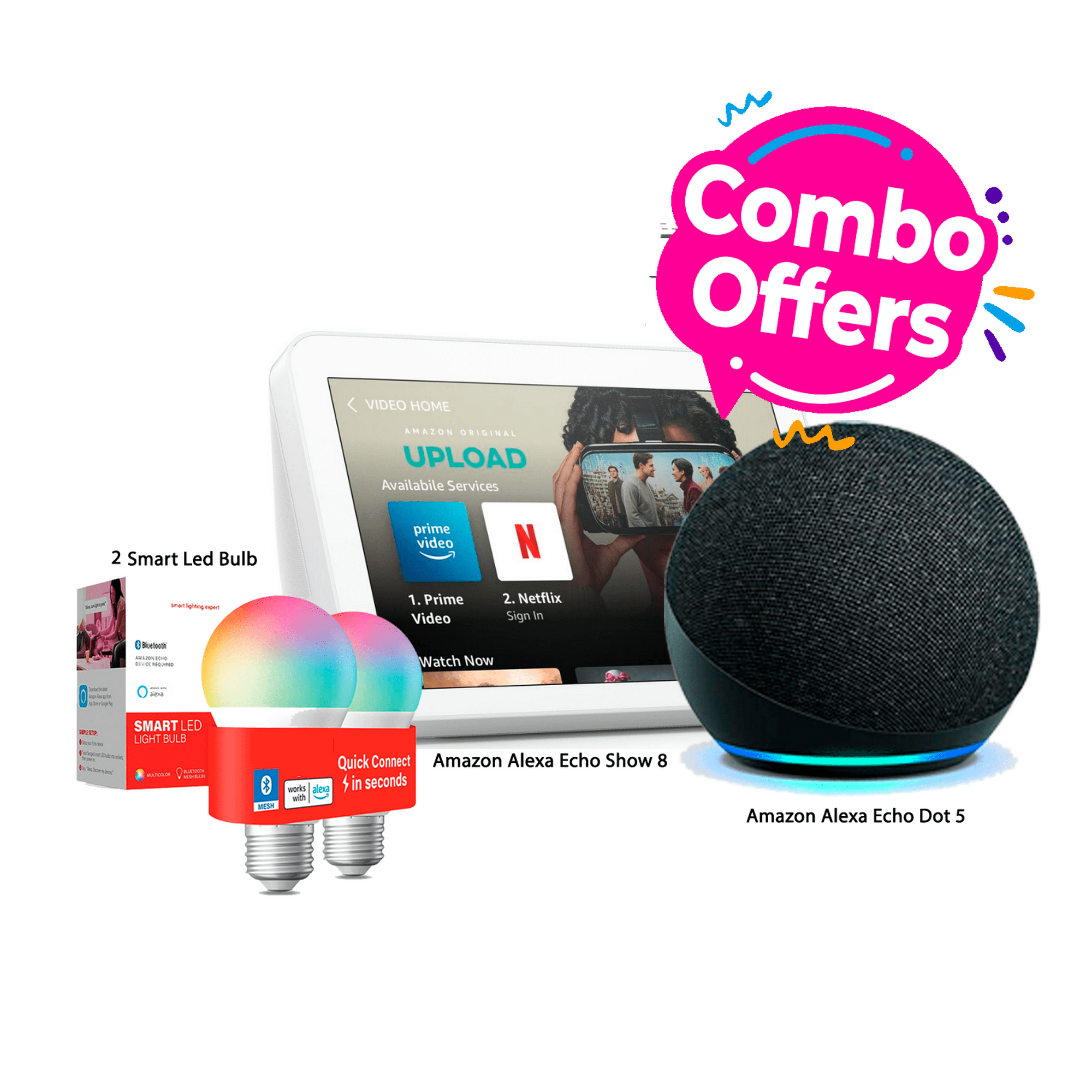 Combo Alexas Echo Dot 5ta Gen (Negro) y Echo Show 8 Pulgadas (Blanco ...