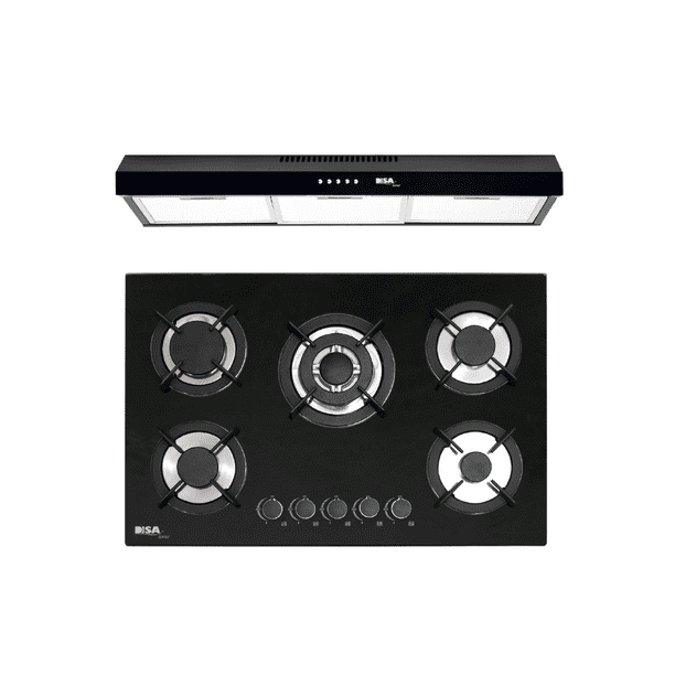 Combo DISA HOME Parrilla a Gas 5 Quemadores Cristal Templado Y Campana Extractora de Pared Negro ...