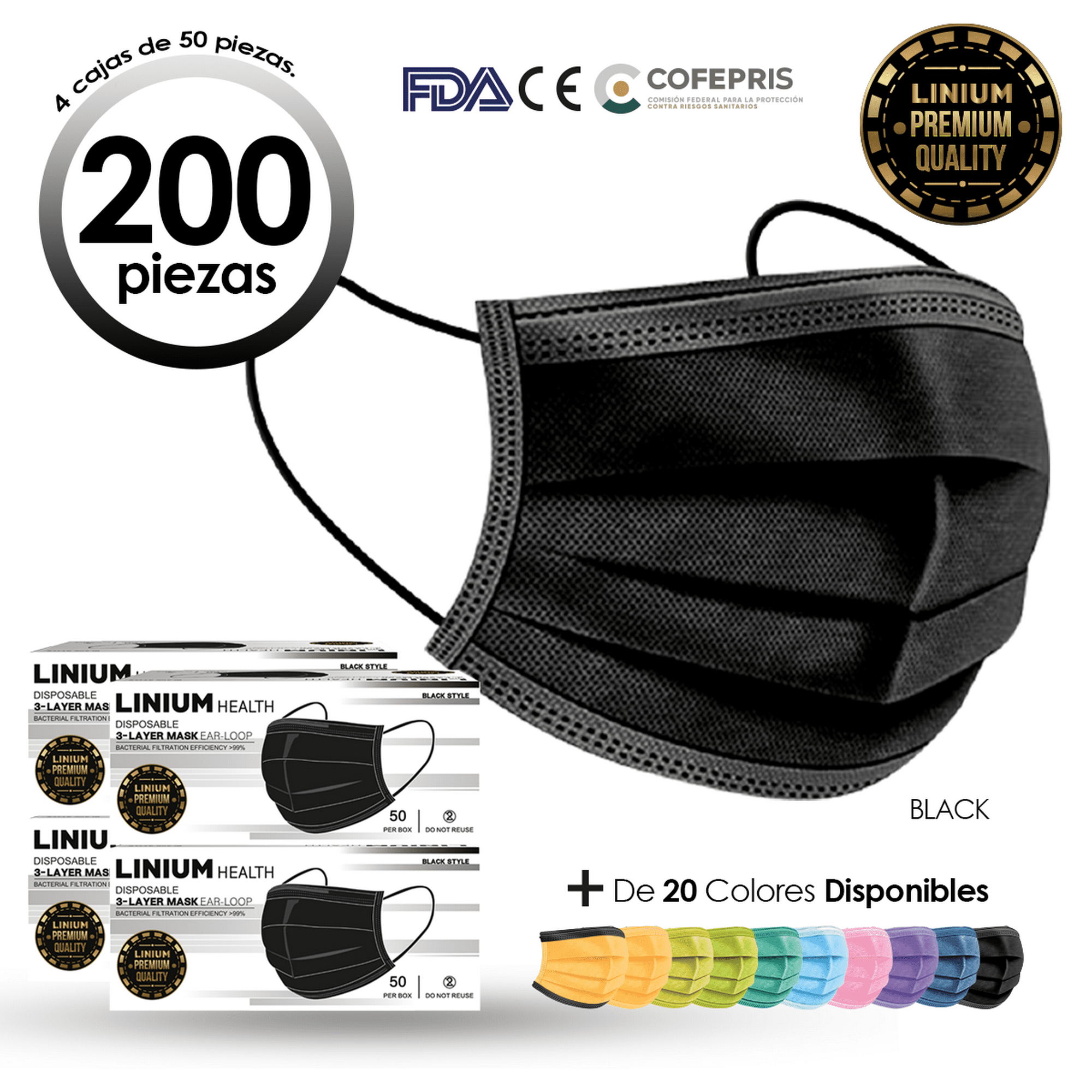 Cubrebocas Tapabocas Tricapa negro adulto 200pzs LINIUM HEALTH 46182000 ...